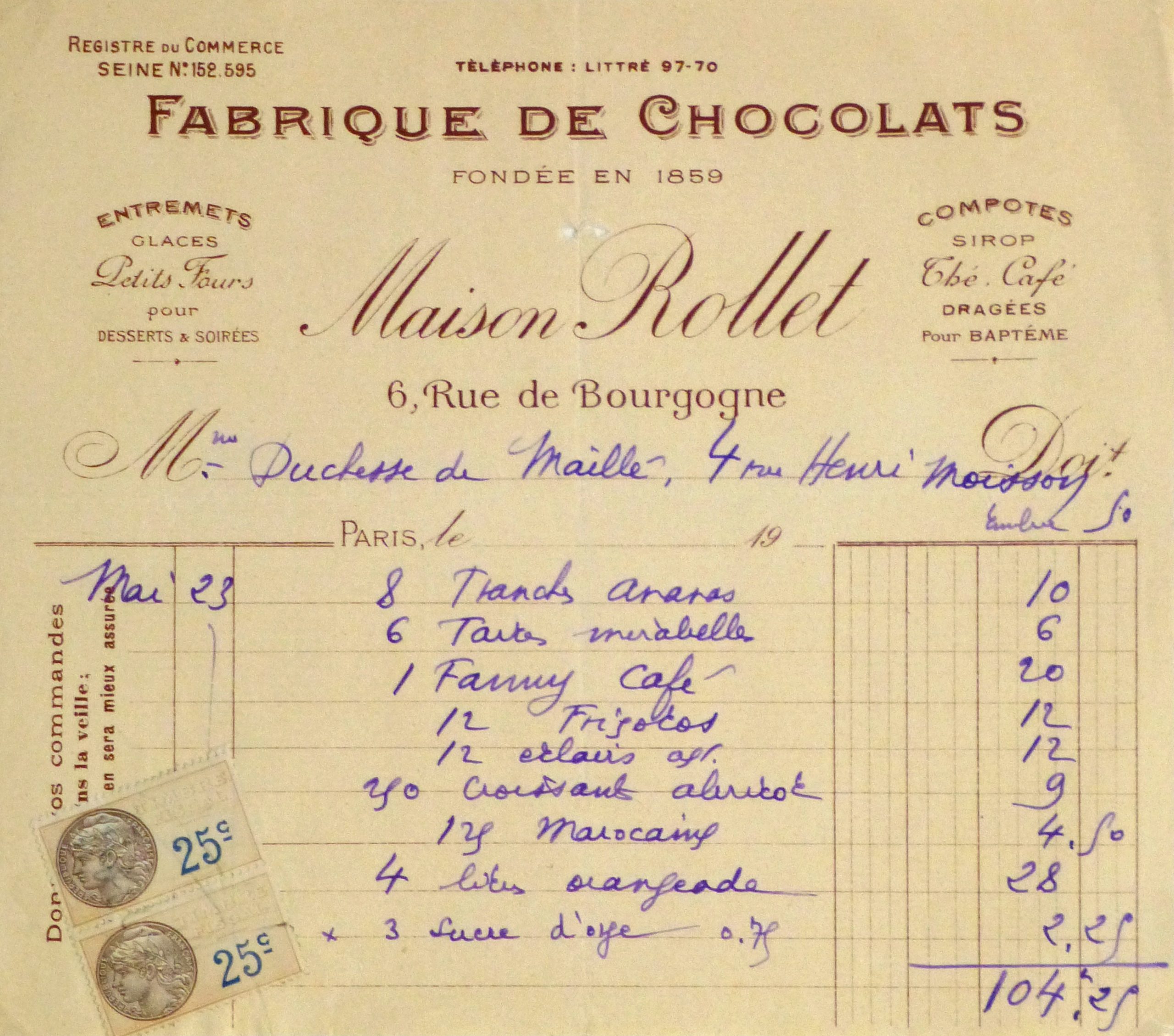 Duchess de Maillé Chocolates Receipt circa 1920