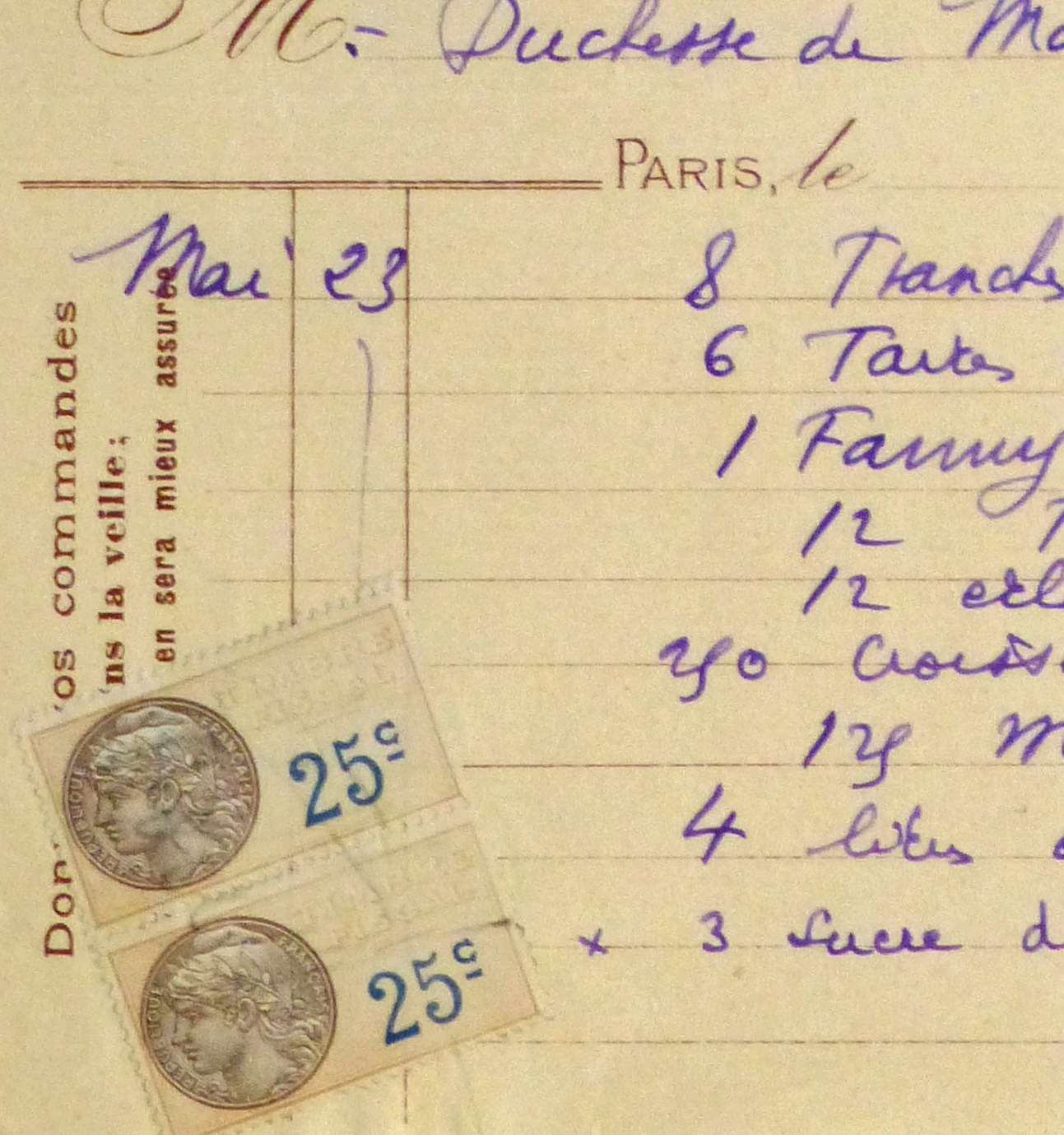 Duchess de Maillé Chocolates Receipt circa 1920