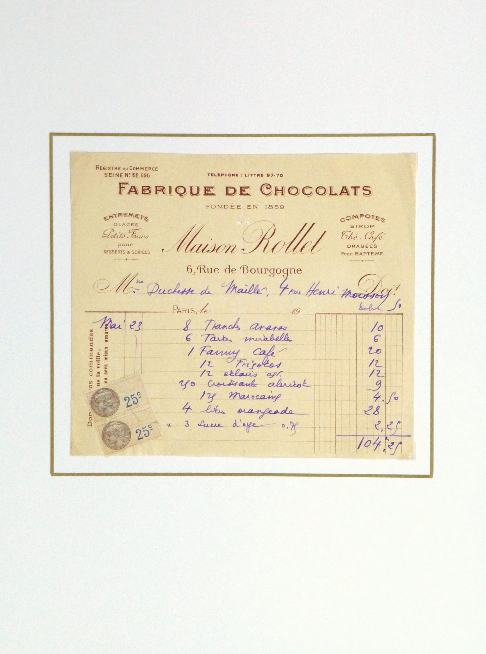 Duchess de Maillé Chocolates Receipt circa 1920